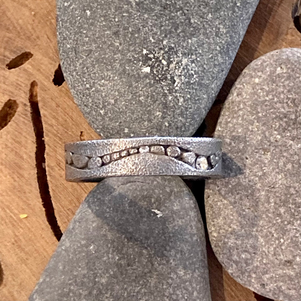 Sterling Silver and Diamonds River Pebbles Textured Oxidized Sterling ...